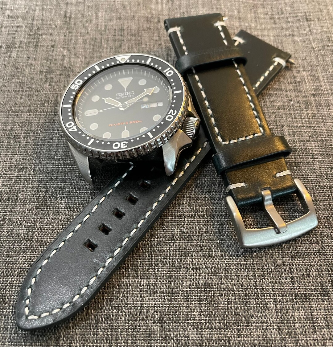 Premium Tanned Stitched Leather Watch Strap / Deep Ocean Blue ...