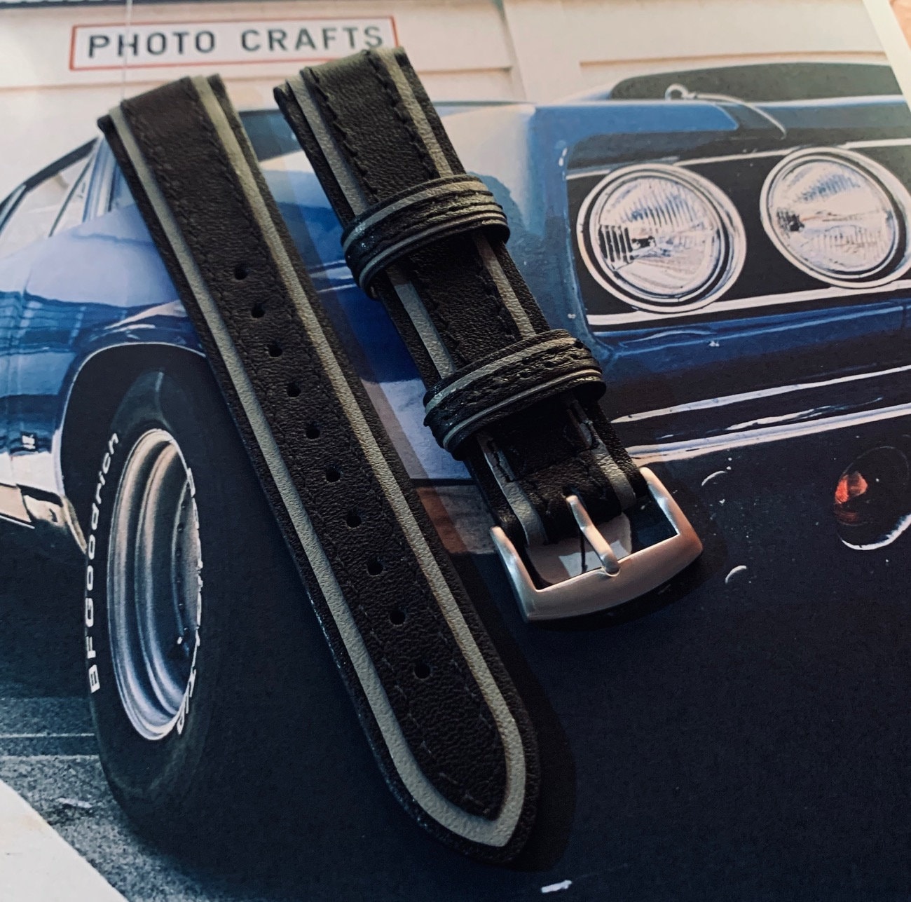 Premium Leather Rally Watch Strap / Black Tri-colour / Stainless Steel ...