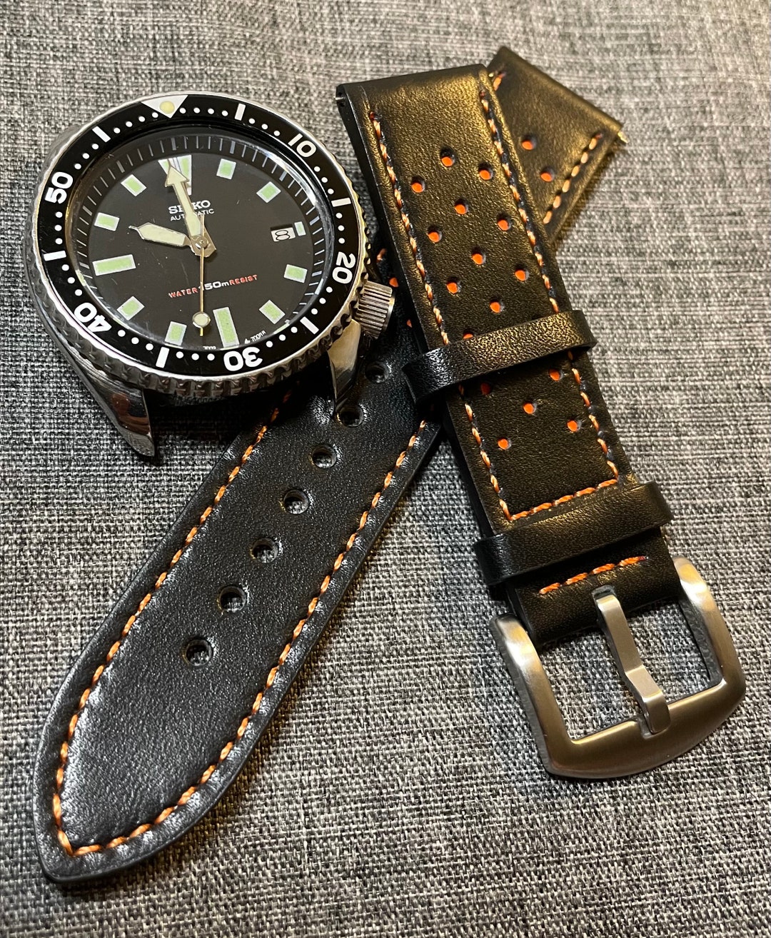 Leather Sports Watch Strap - Dual Colour Black / Orange Stitching ...