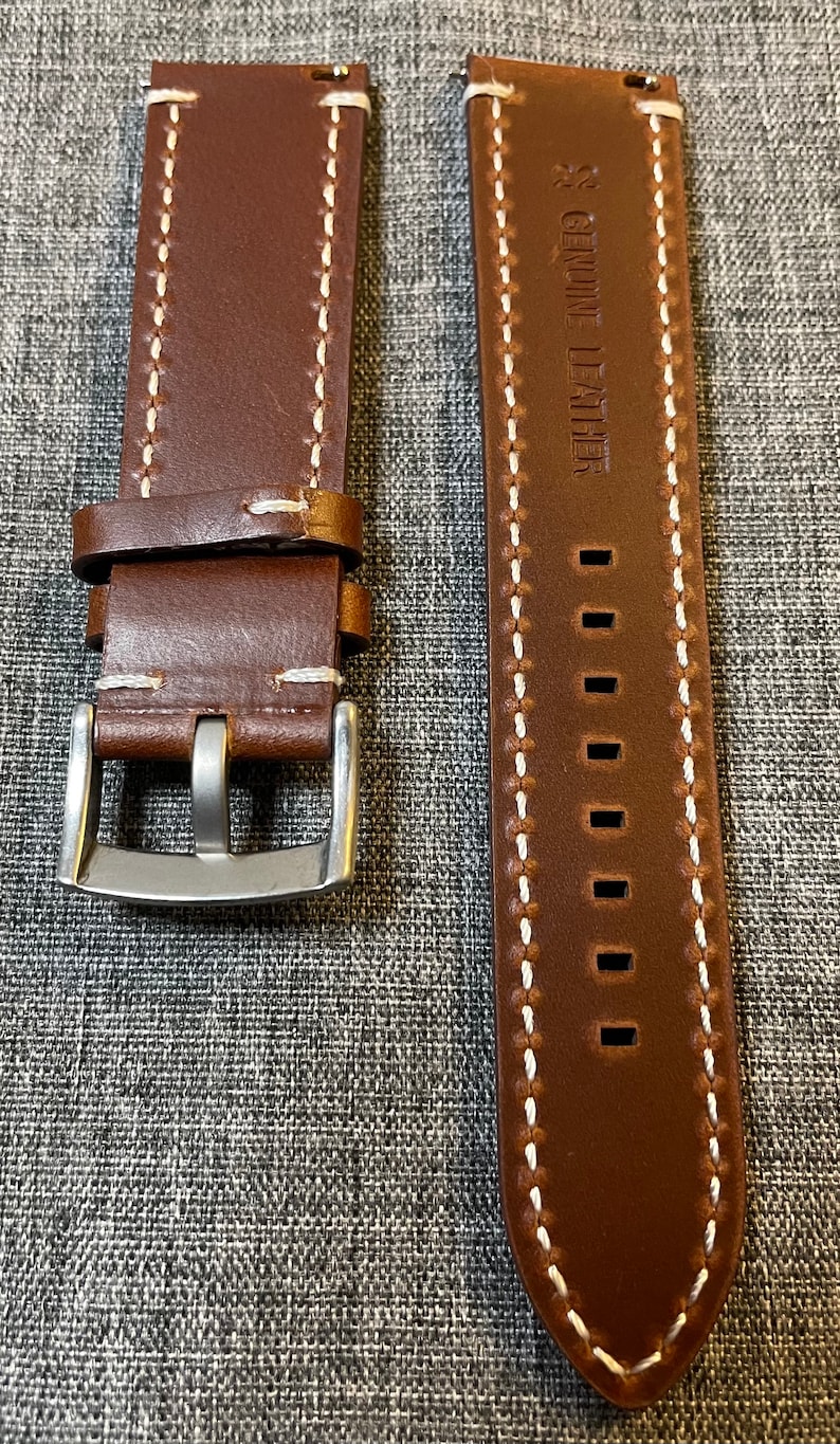 Premium Tanned Stitched Leather Watch Strap / Coffee / Stainless /20 ...