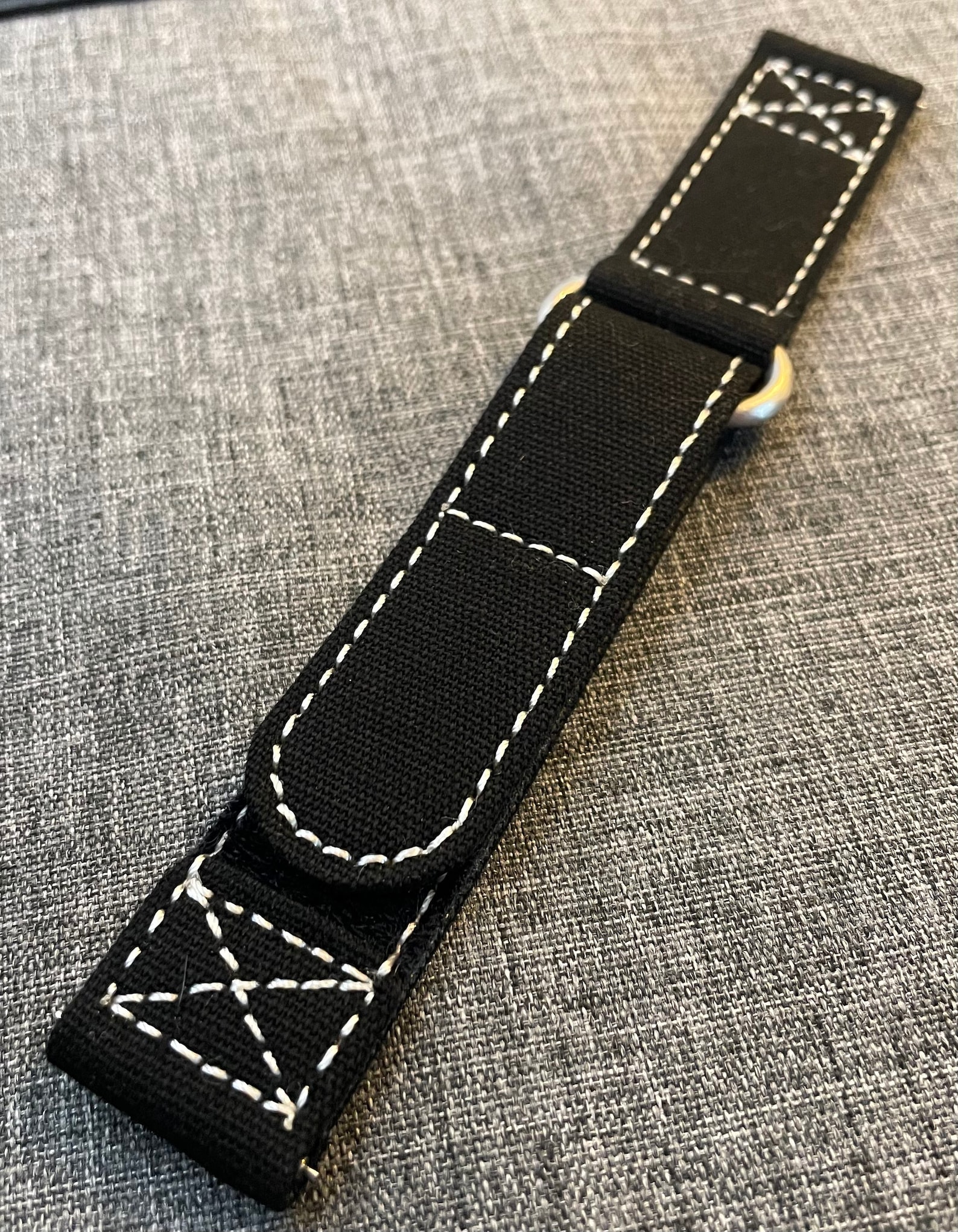 Nylon Sports Watch Strap / Matte Black Beige Stitching / Hook Loop ...