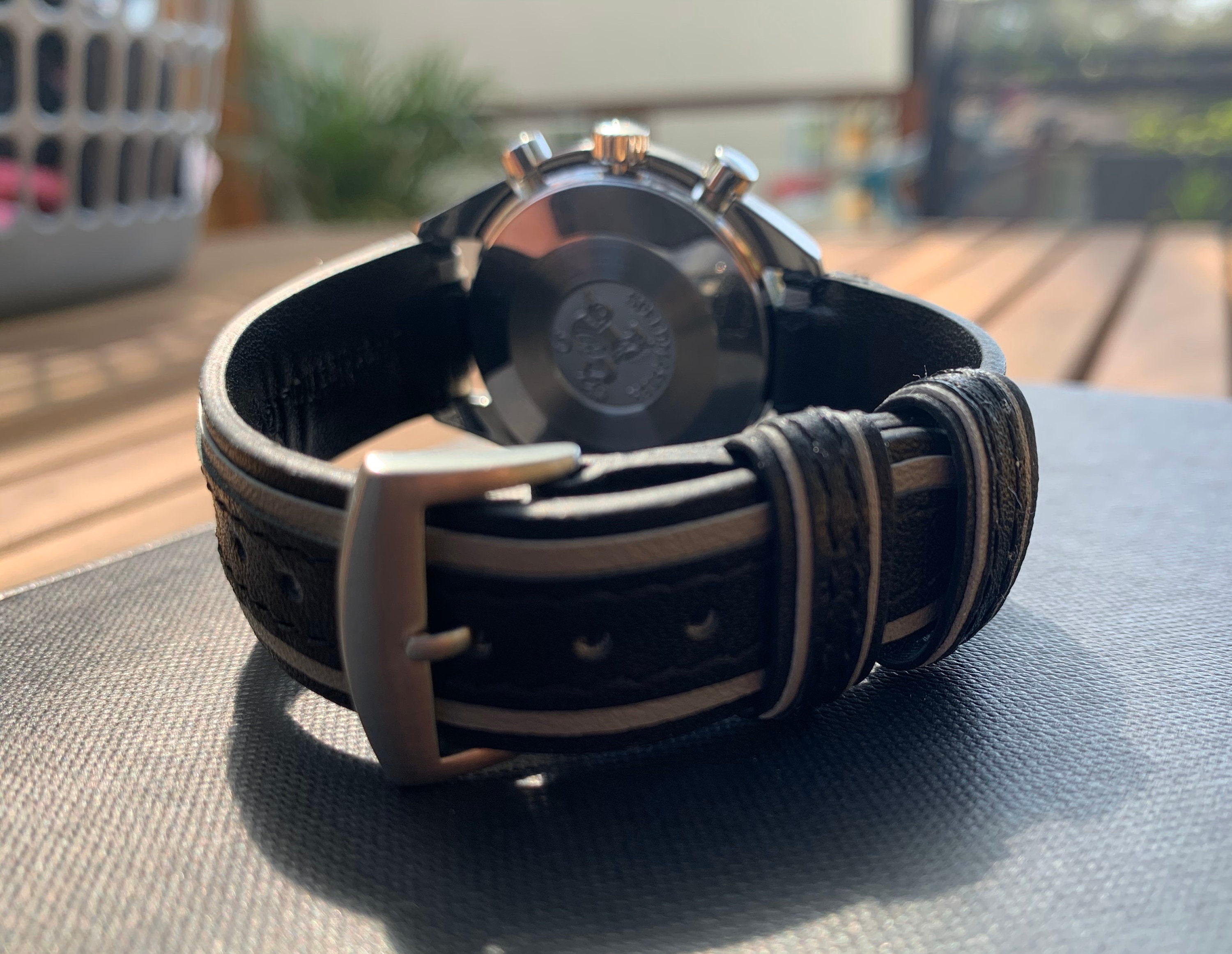 Premium Leather Rally Watch Strap / Black Tri-colour / Stainless Steel ...