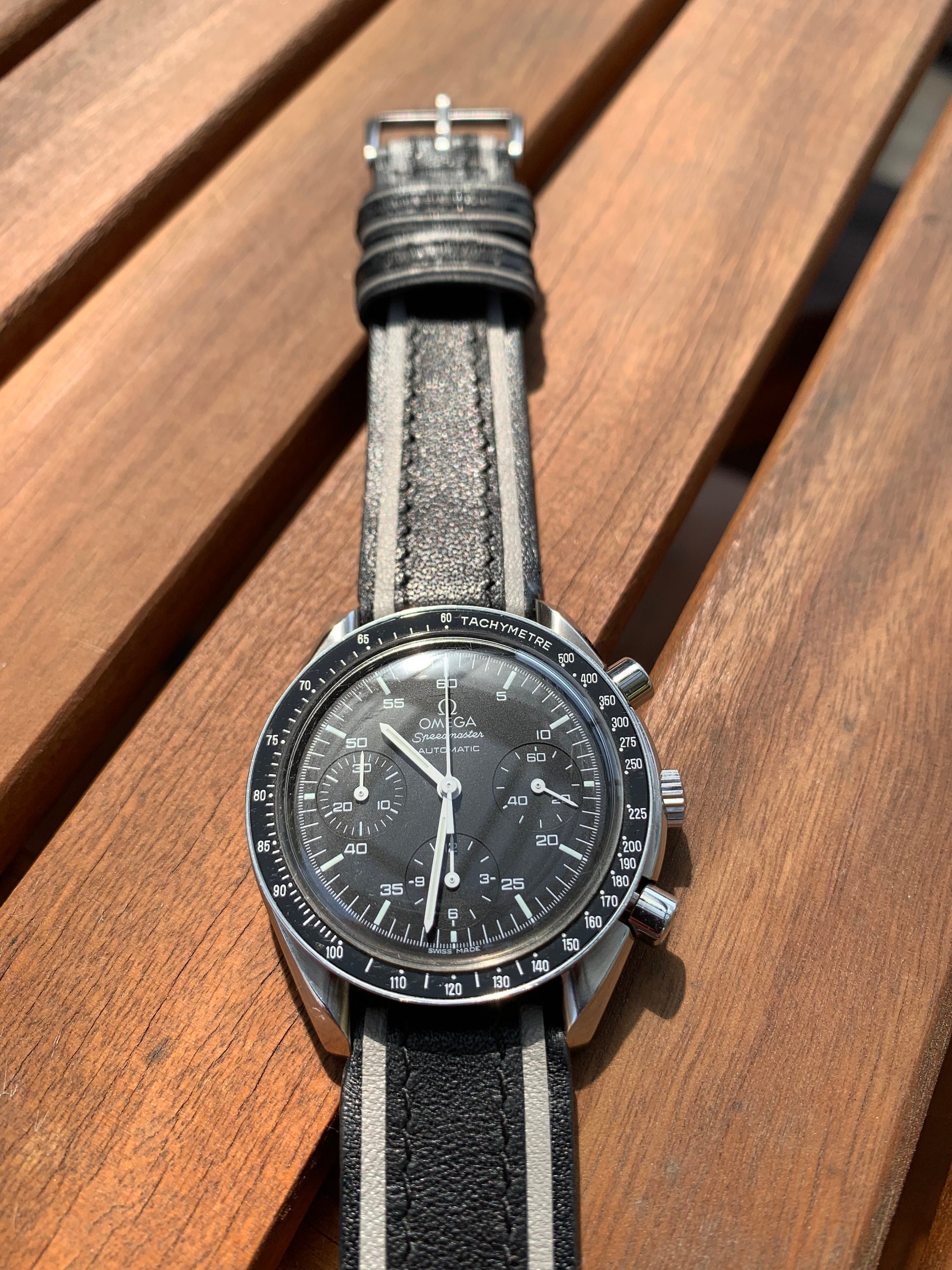 Premium Leather Rally Watch Strap / Black Tri-colour / Stainless Steel ...