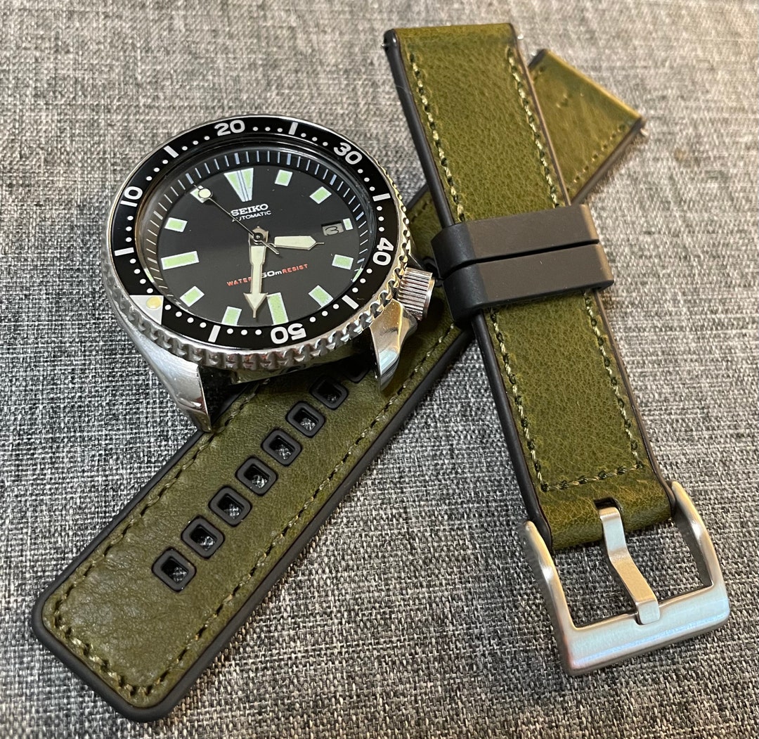 Leather Rubber Hybrid Sports Watch Strap / Green Black / 316 Steel 20 ...