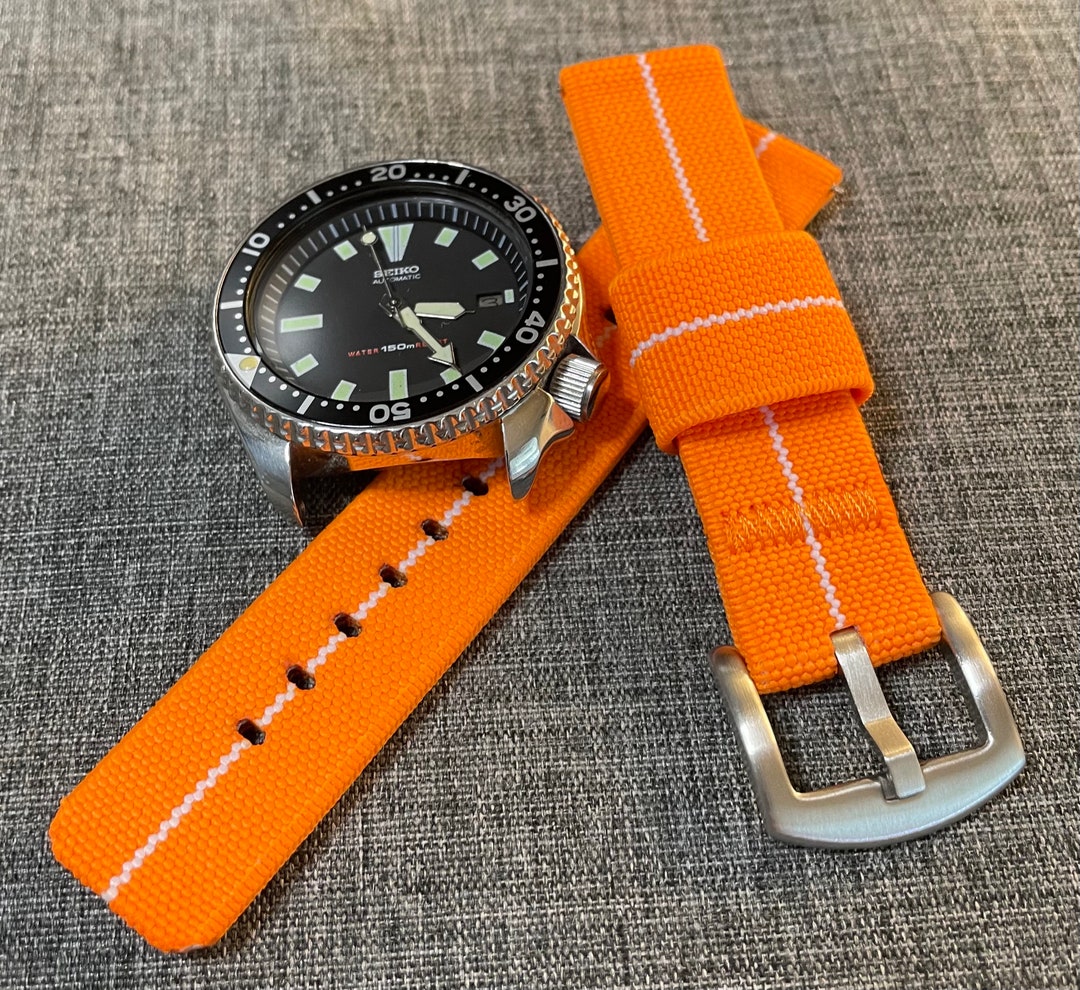 Sports Watch Strap / Premium Nylon / Orange White Stripe / Brushed ...