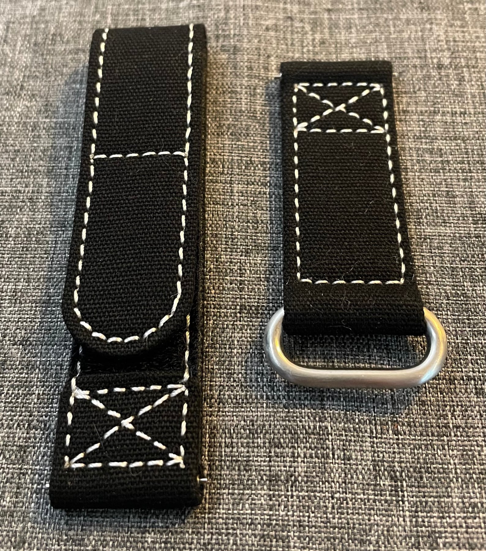 Nylon Sports Watch Strap / Matte Black Beige Stitching / Hook Loop ...