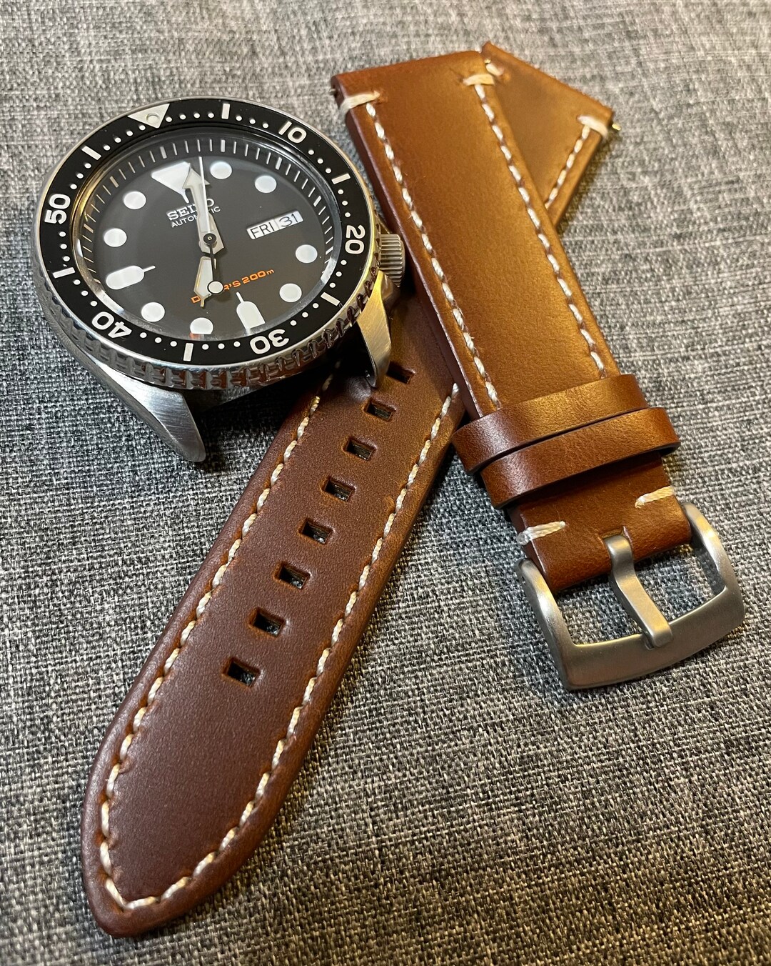 Premium Tanned Stitched Leather Watch Strap / Coffee / Stainless /20 ...