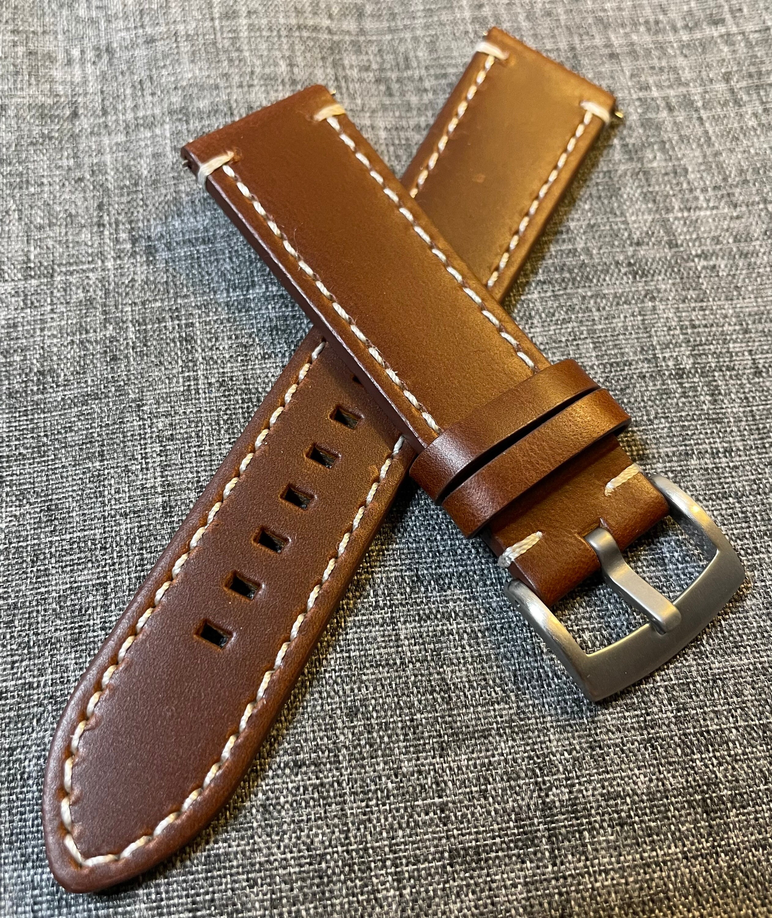 Premium Tanned Stitched Leather Watch Strap / Coffee / Stainless /20 ...