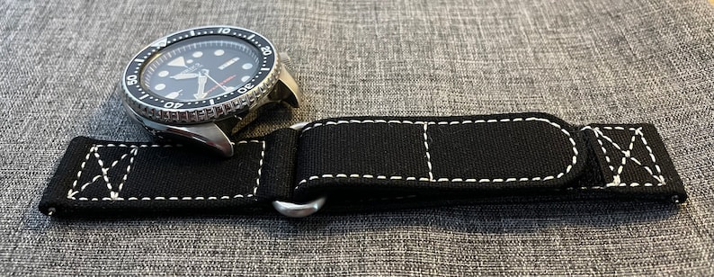 Nylon Sports Watch Strap / Matte Black Beige Stitching / Hook Loop ...