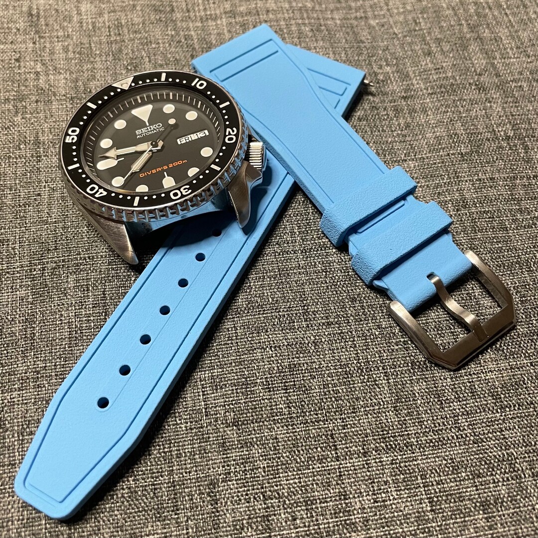 Premium Natural FKM Rubber Blend Watch Strap / Sky Blue 20/22mm / Swiss ...