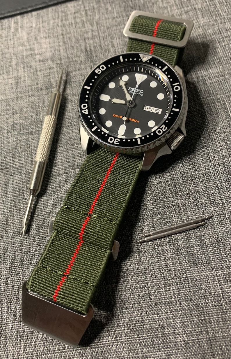 French Marine Nationale Nylon Watch Strap / Military Green - Red Stripe ...