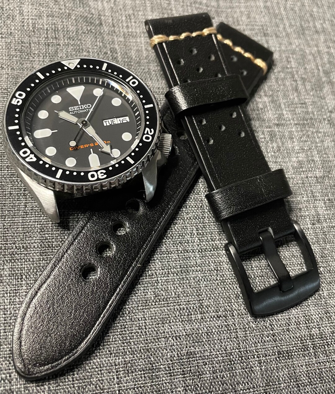 Quality Leather Rally Style Watch Strap / Black / Beige Stitch / PVD ...