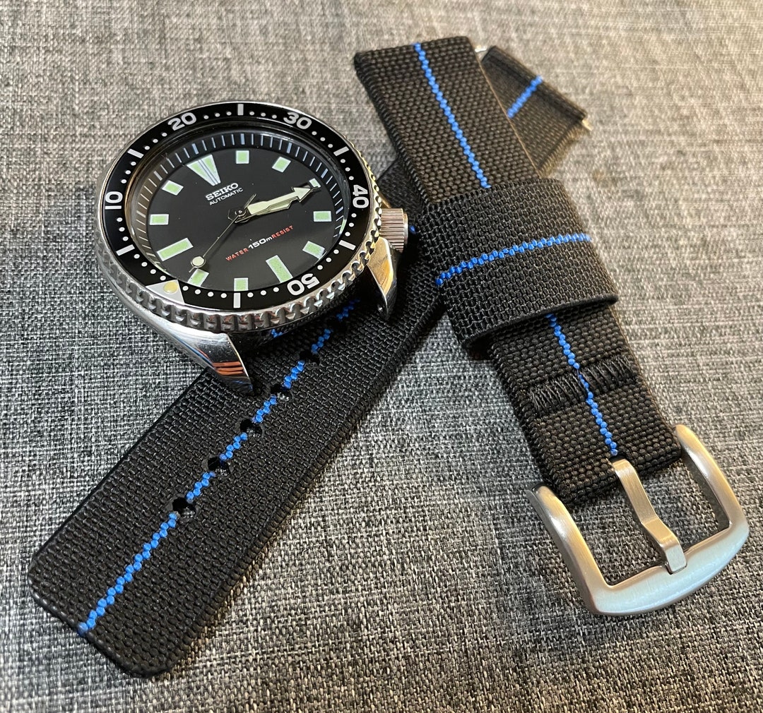 Sports Watch Strap / Premium Nylon / Black Blue Stripe / Brushed Steel ...