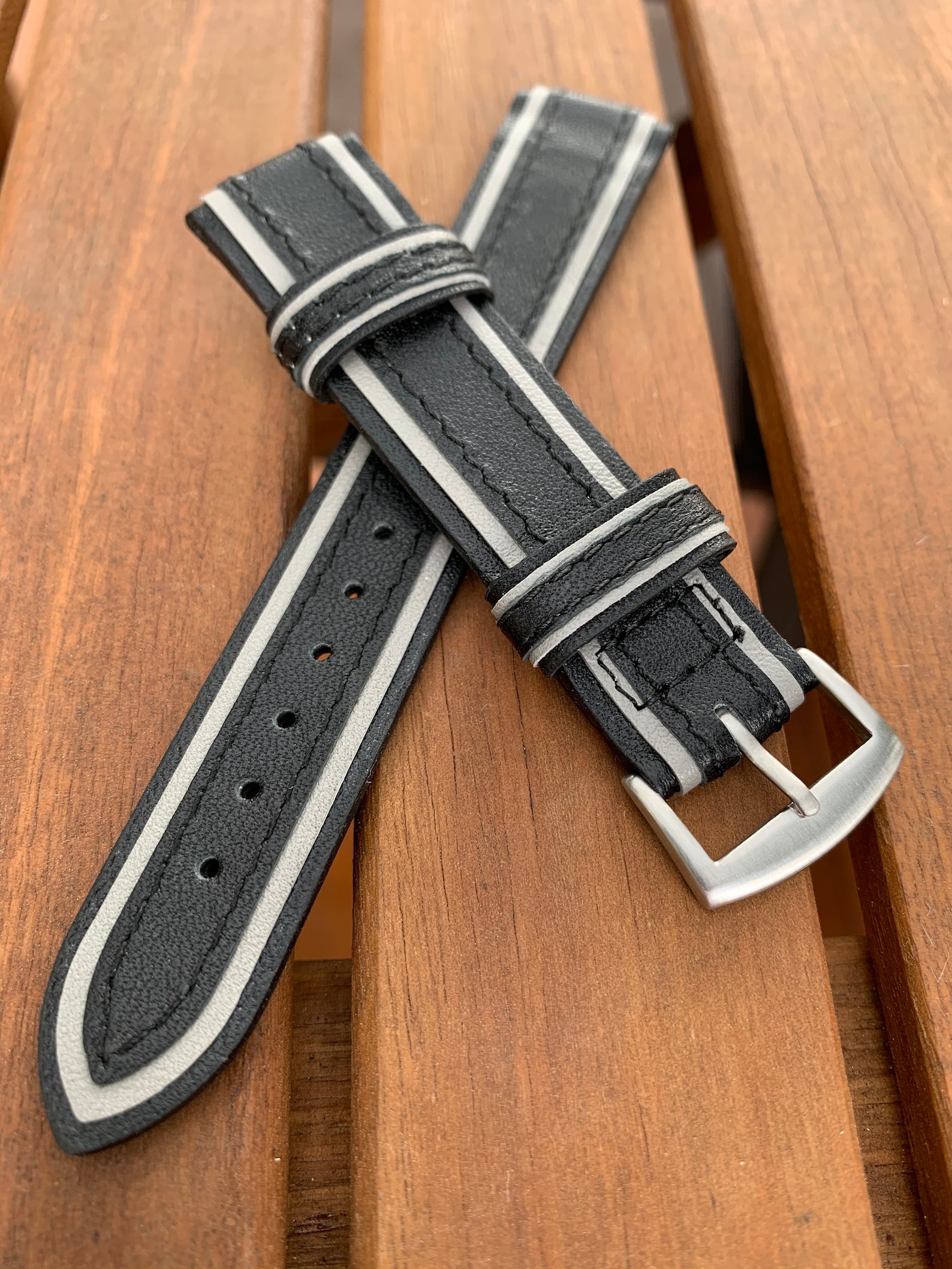 Premium Leather Rally Watch Strap / Black Tri-colour / Stainless Steel ...