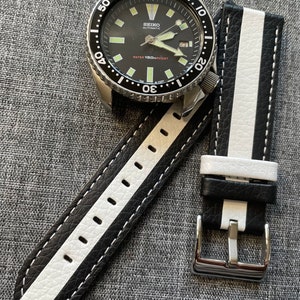 Top Grain Quality Leather / Rally Style Watch Strap / Black White ...