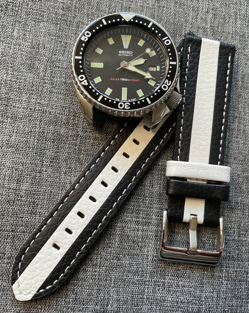 Top Grain Quality Leather / Rally Style Watch Strap / Black White ...