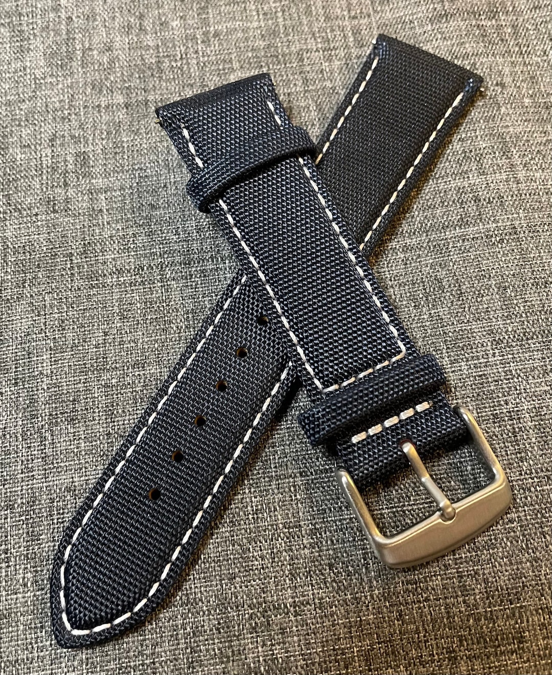 Navy Blue Sailcloth Leather Stitched Watch Strap / Stainless Steel ...
