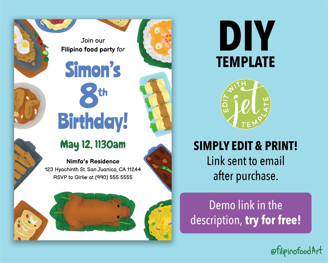 Filipino Food Party Invitation, Kids Party Invite for Girls Boys ...