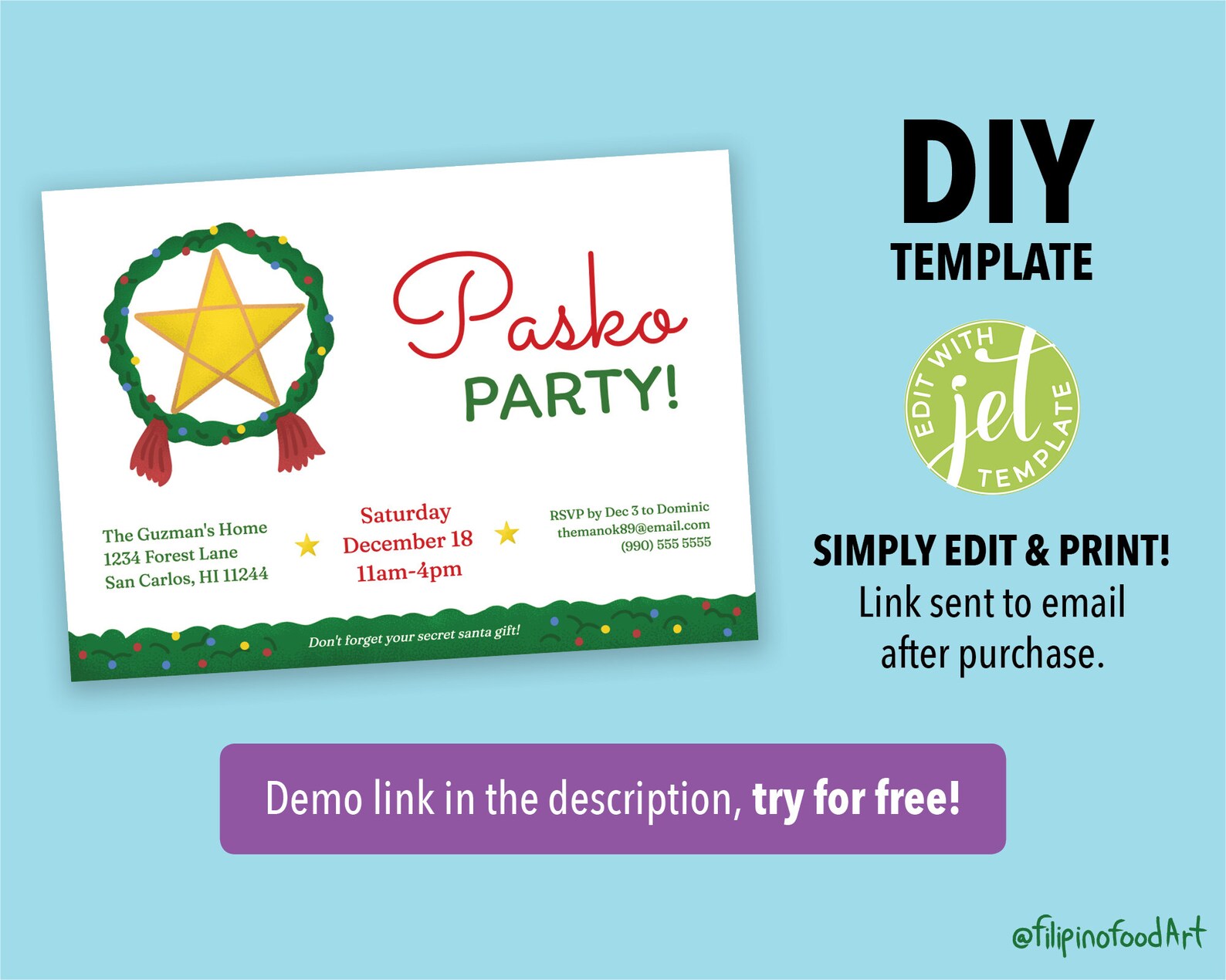 Pasko Party Parol Filipino Christmas Invitation, Party Invite ...