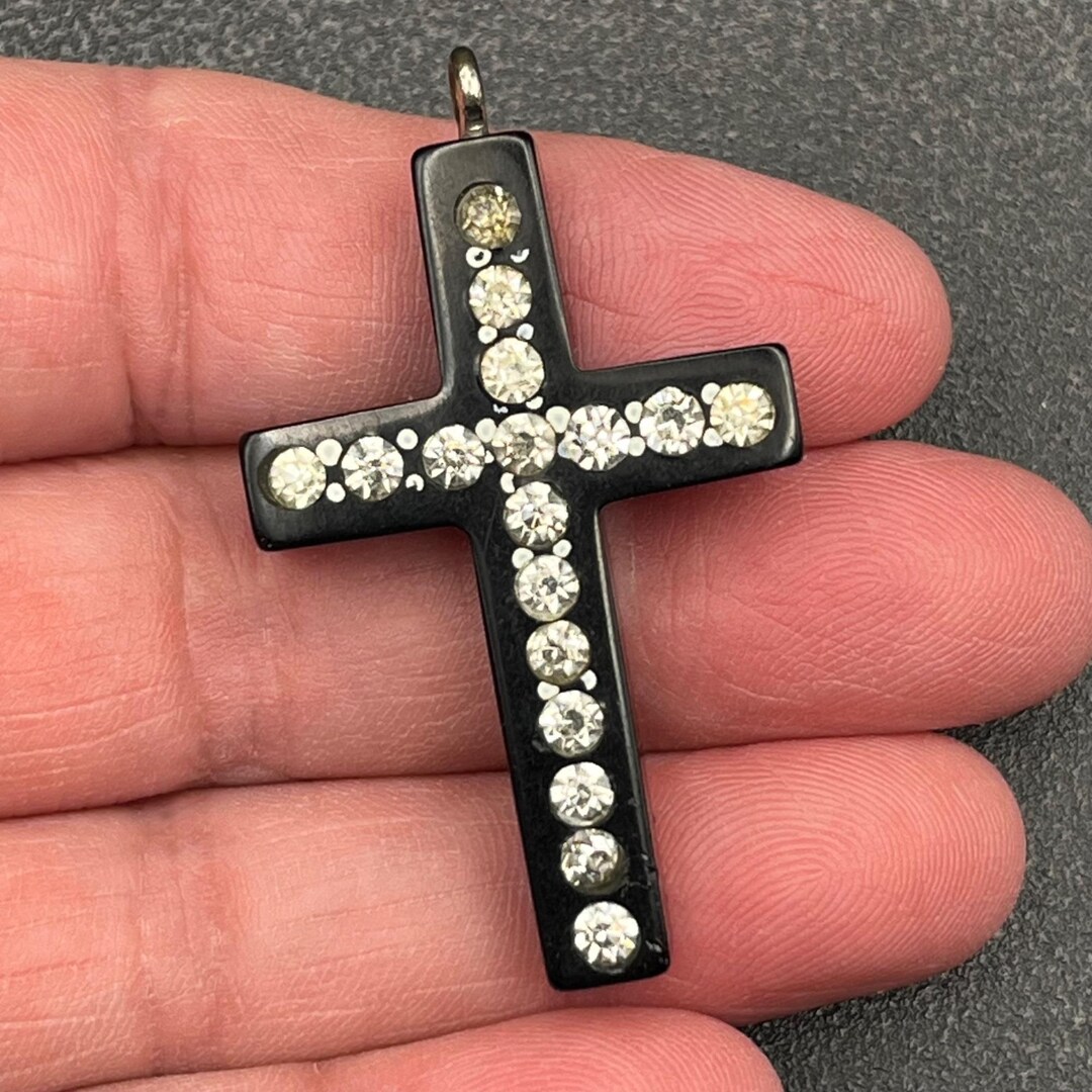 1930s Black Bakelite Cross Pendant With Clear Rhinestones - Etsy