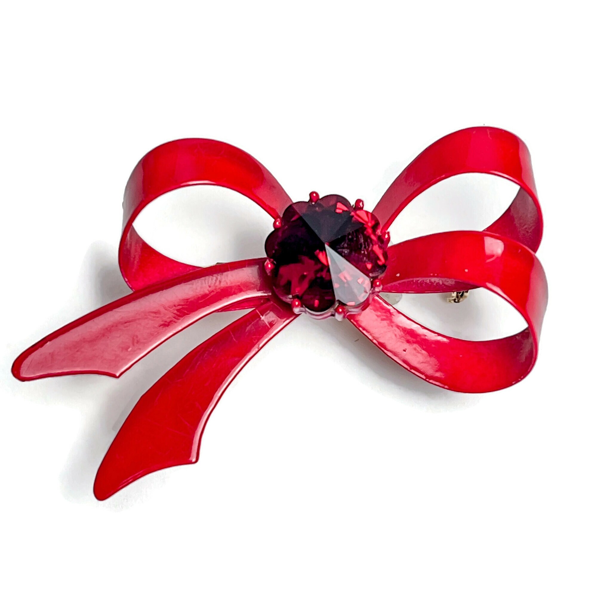 Bright Red Bow Brooch With Dazzling Red Rivoli Center Stone - Etsy