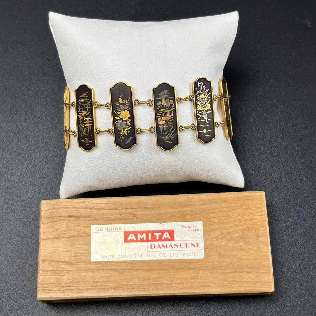 Vintage Amita Japan Damascene Panel Bracelet With Original Bamboo Box ...