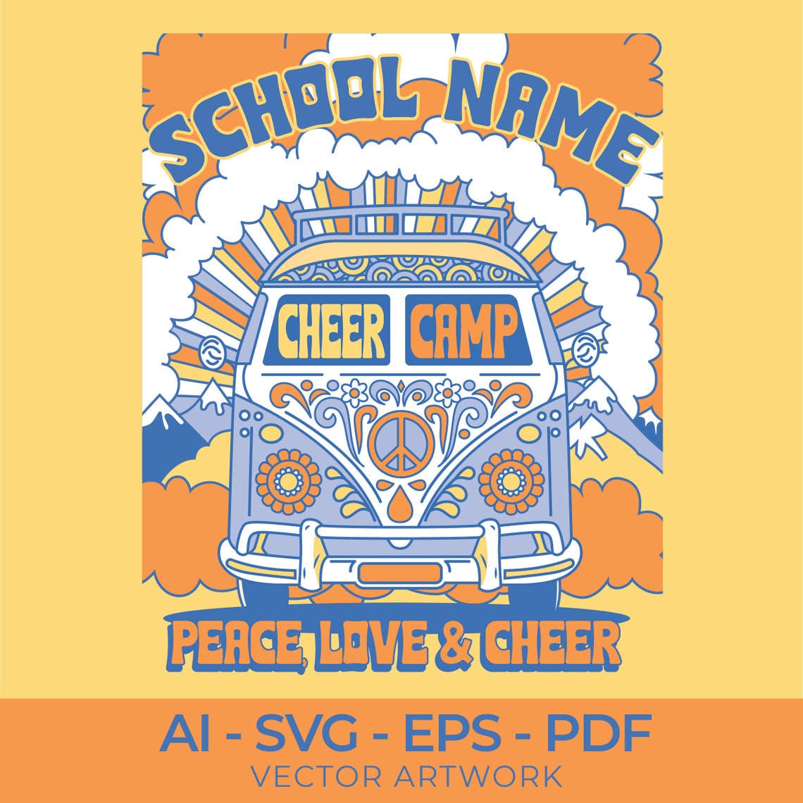 Vintage 60s Van Cheer Camp SVG AI Vector Template, Cheerleader Svg Png ...