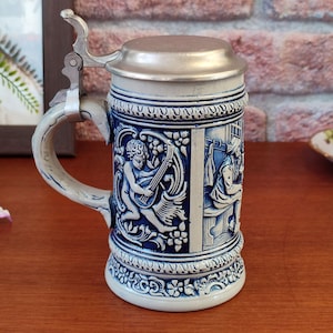 Vintage Gerz Ceramic Beer Tankard With a Pewter Lid - 250 Ml, Blue Mid ...