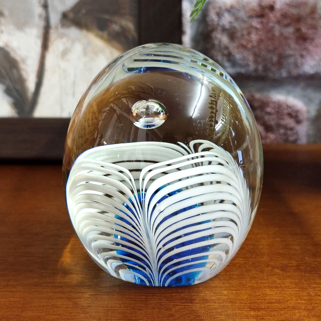 Vintage Glass Egg Paperweight Handmade 70s, Clear Glass Egg With Blue ...