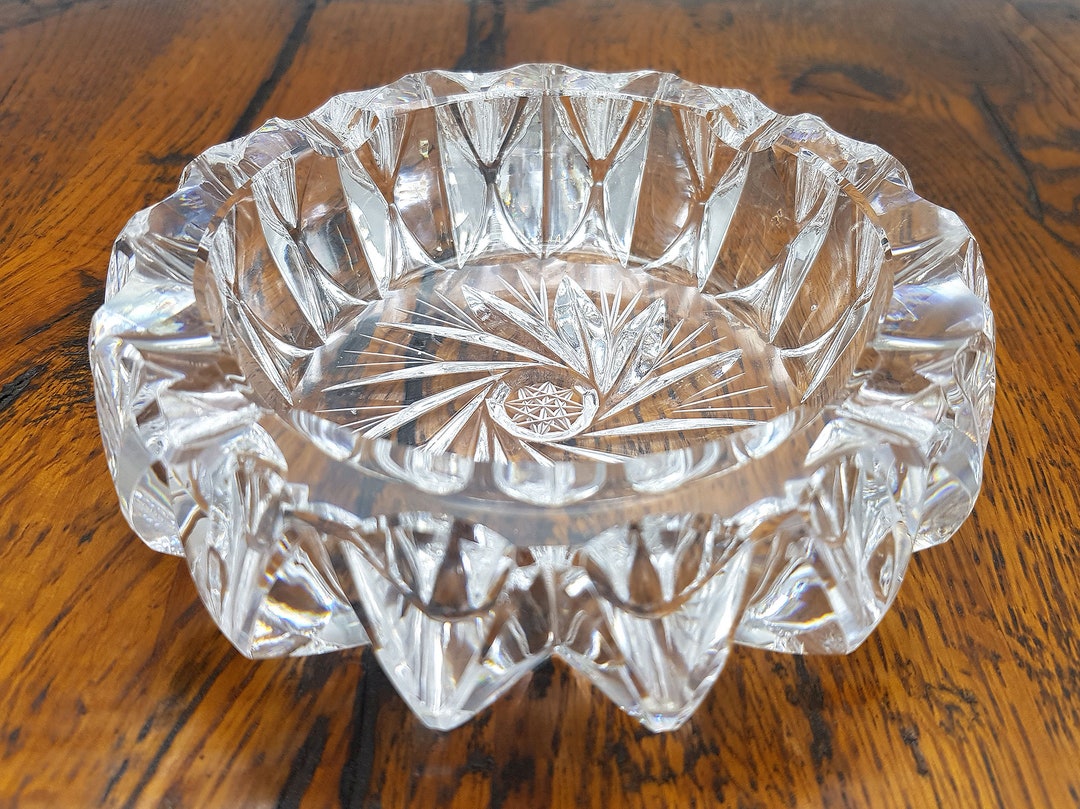 Large Vintage Crystal Glass Ashtray, Pinwheel Star Cut Heavy Crystal ...