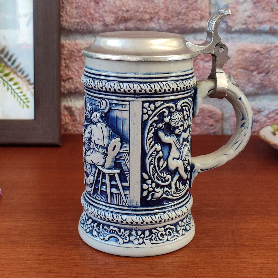 Vintage Gerz Ceramic Beer Tankard With a Pewter Lid - 250 Ml, Blue Mid ...