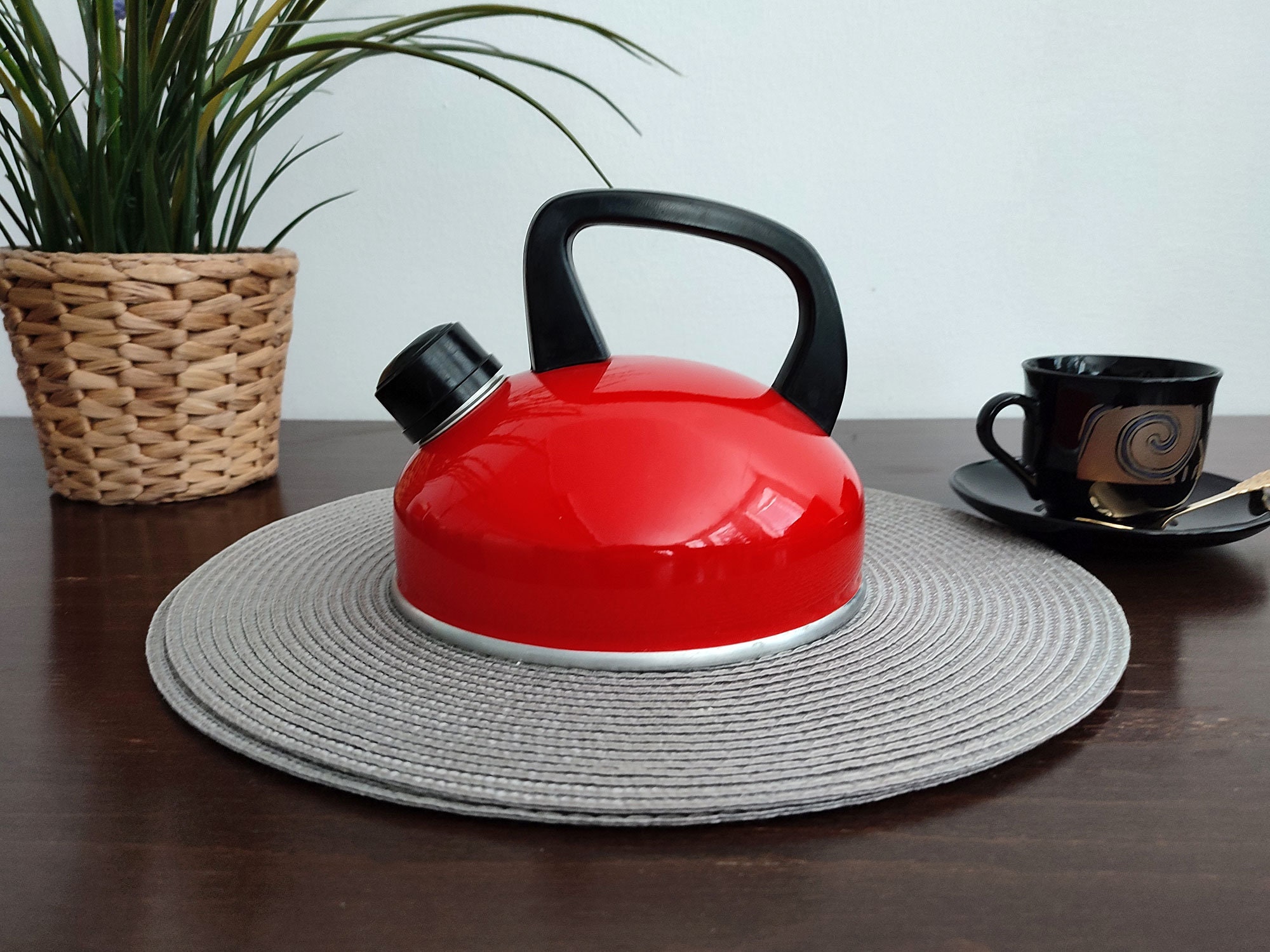 Vintage Red Whistling Kettle 70s, Mid Century Red Aluminium Enamel ...