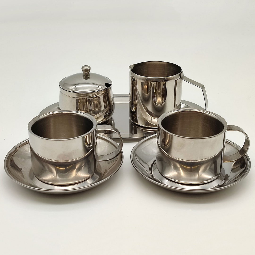 Vintage Stainless Steel Coffee Cups Saucers Sugar Bowl and Milk Jug ...