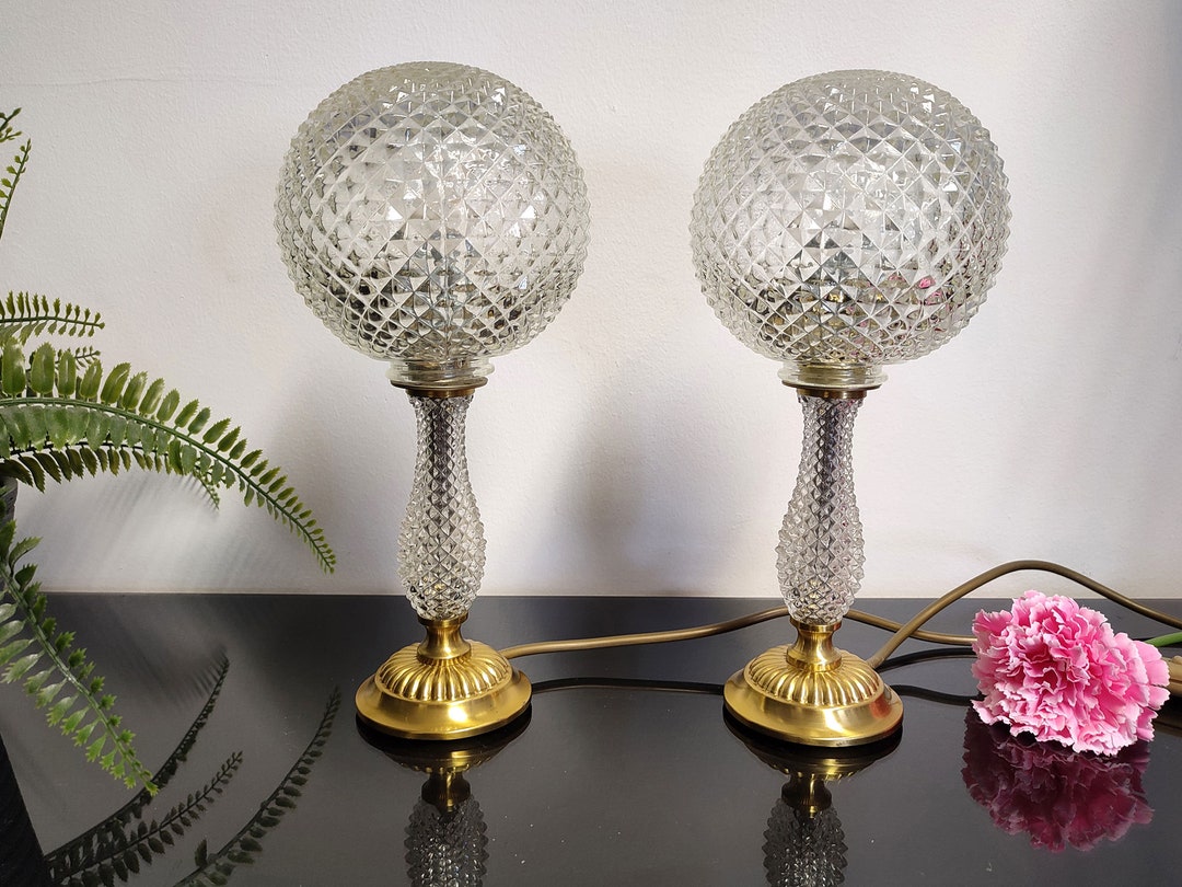 Pair Vintage Table Ball Lamp Made of Glass and Brass, 70s Hollywood ...