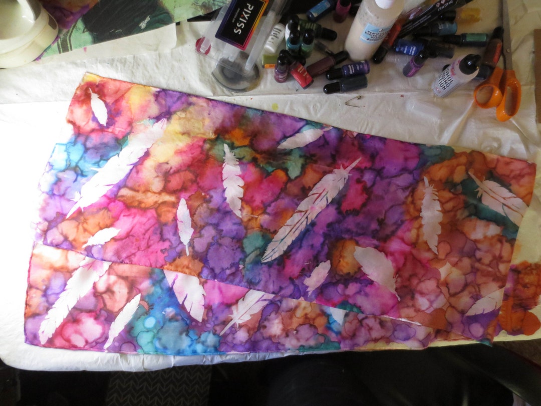 Hand Painted Alcohol Ink Silk Scarf With Feather Motif - Etsy