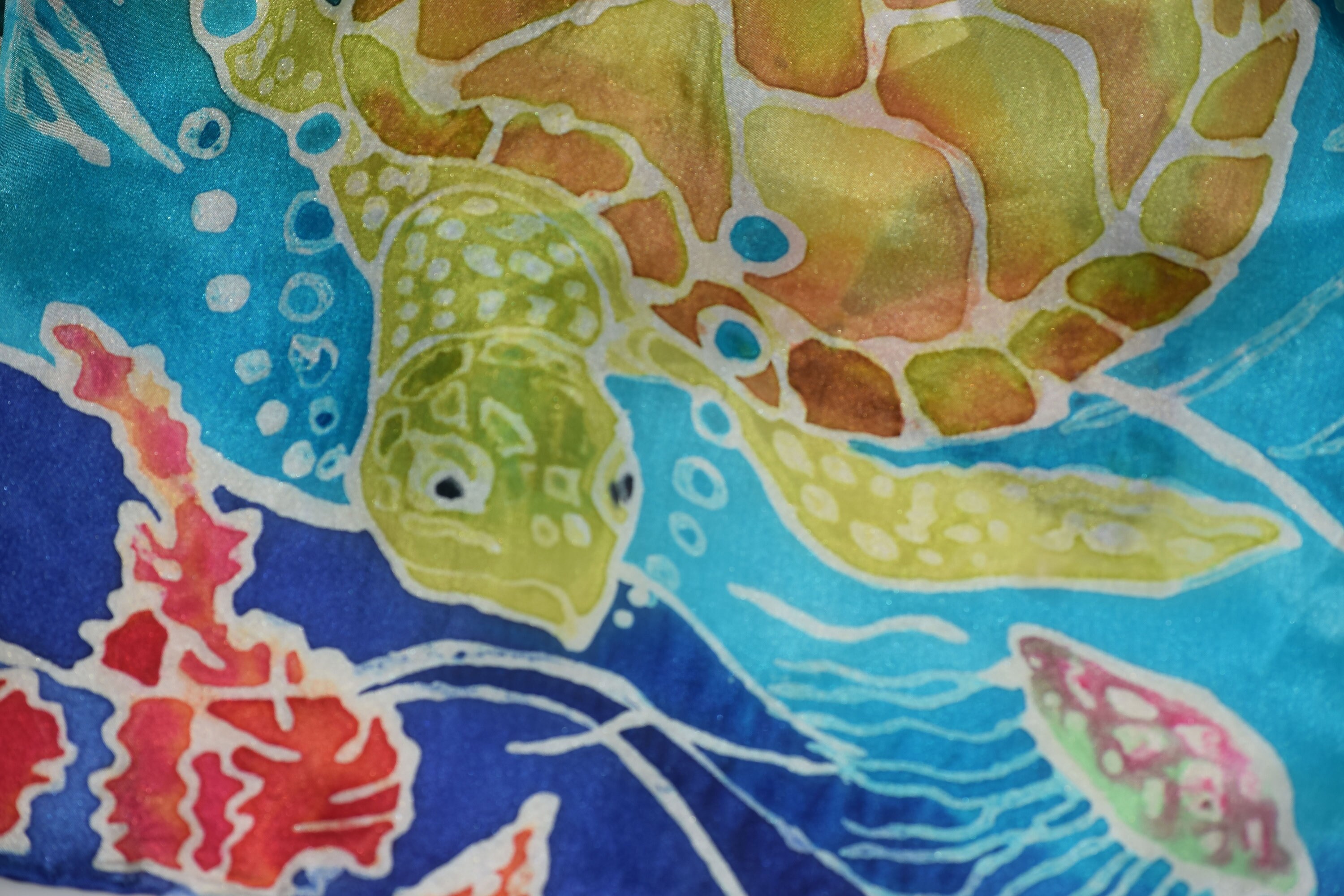 Hand Painted Sea Turtle on Habotai Silk / Silk Scarf / Jewel Tones - Etsy