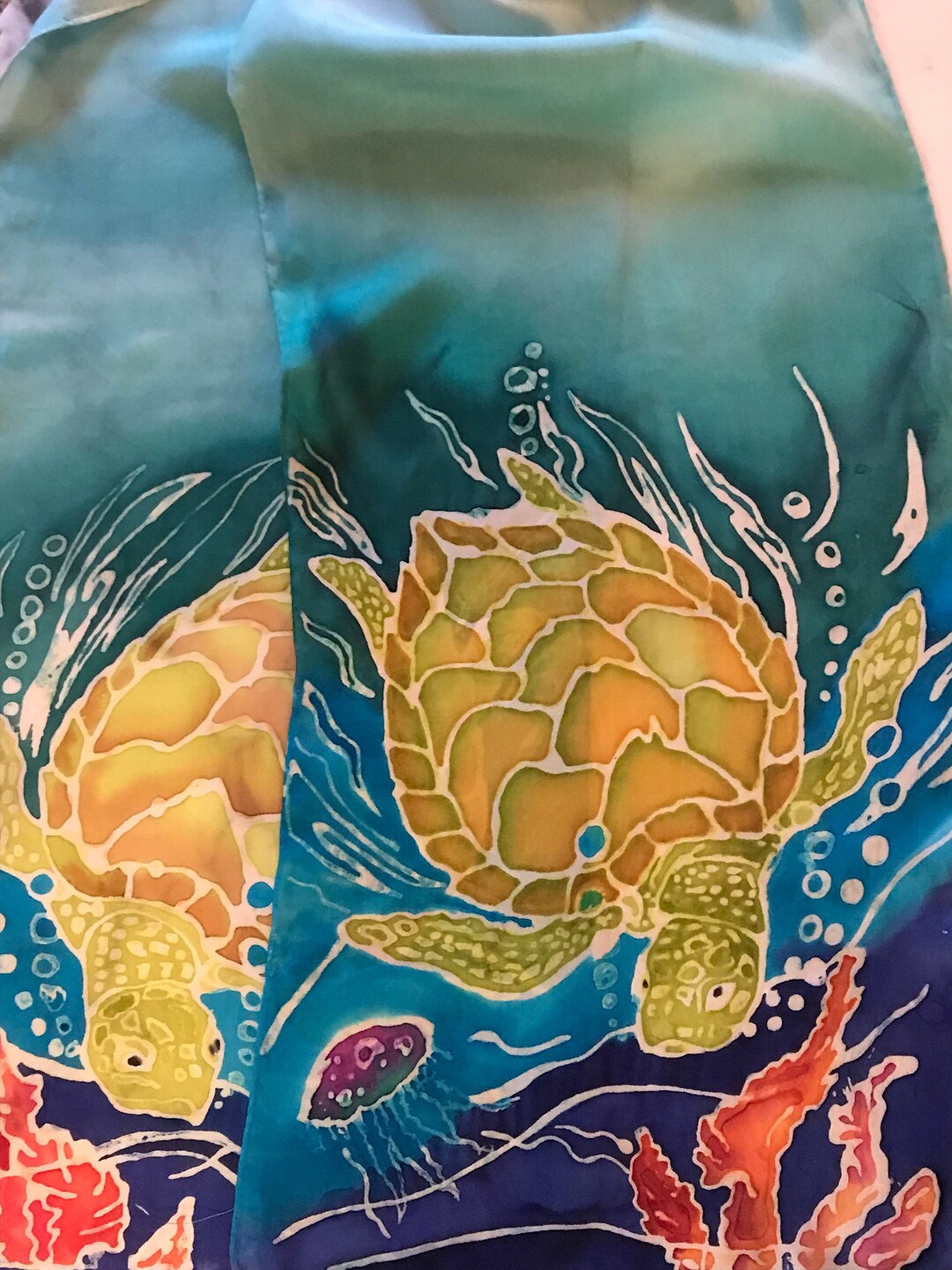 Hand Painted Sea Turtle on Habotai Silk / Silk Scarf / Jewel Tones - Etsy