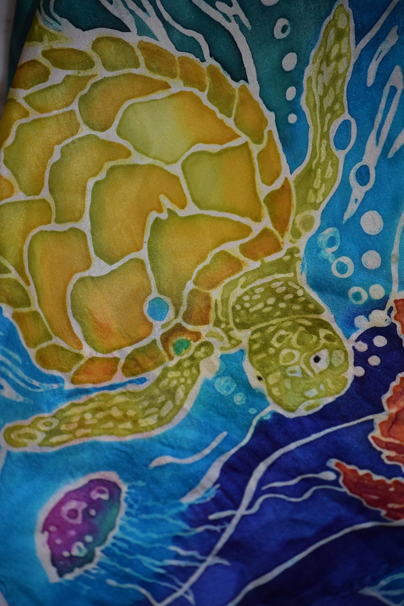 Hand Painted Sea Turtle on Habotai Silk / Silk Scarf / Jewel Tones - Etsy