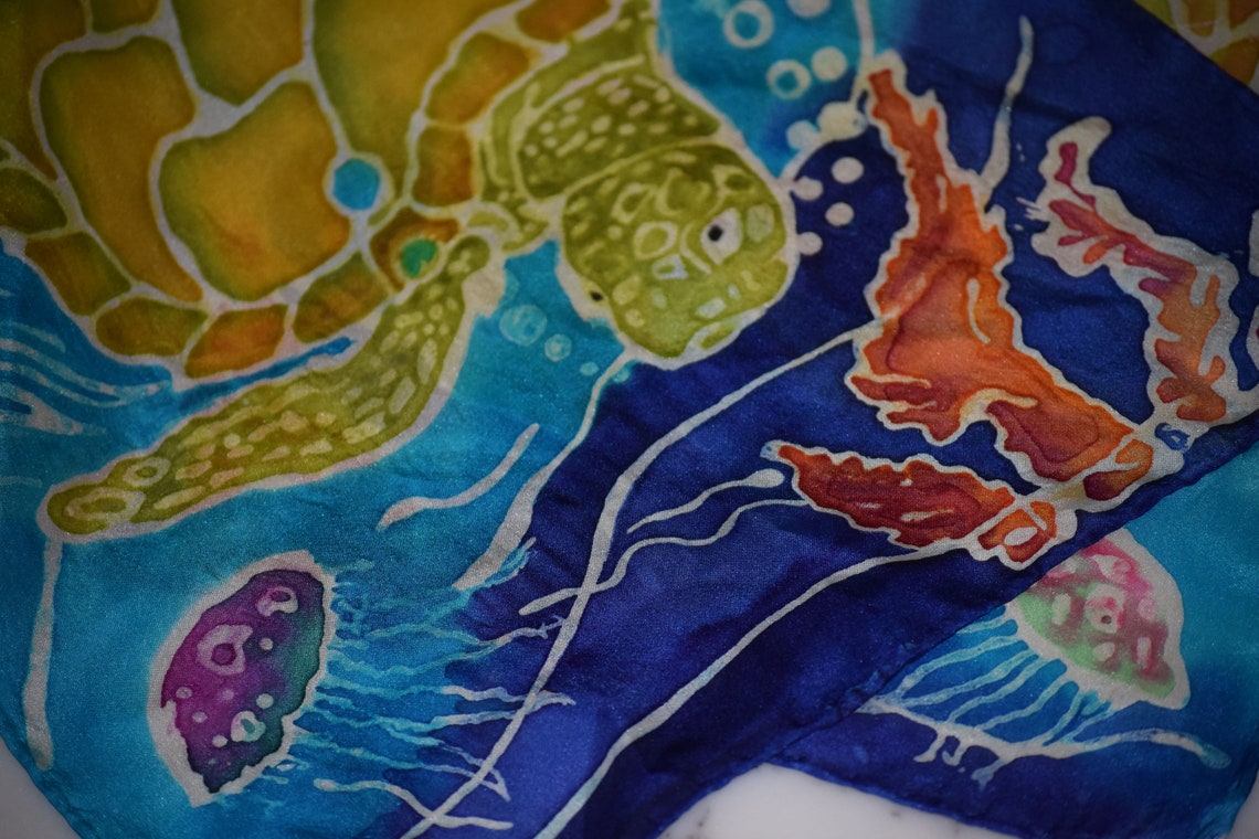 Hand Painted Sea Turtle on Habotai Silk / Silk Scarf / Jewel Tones - Etsy