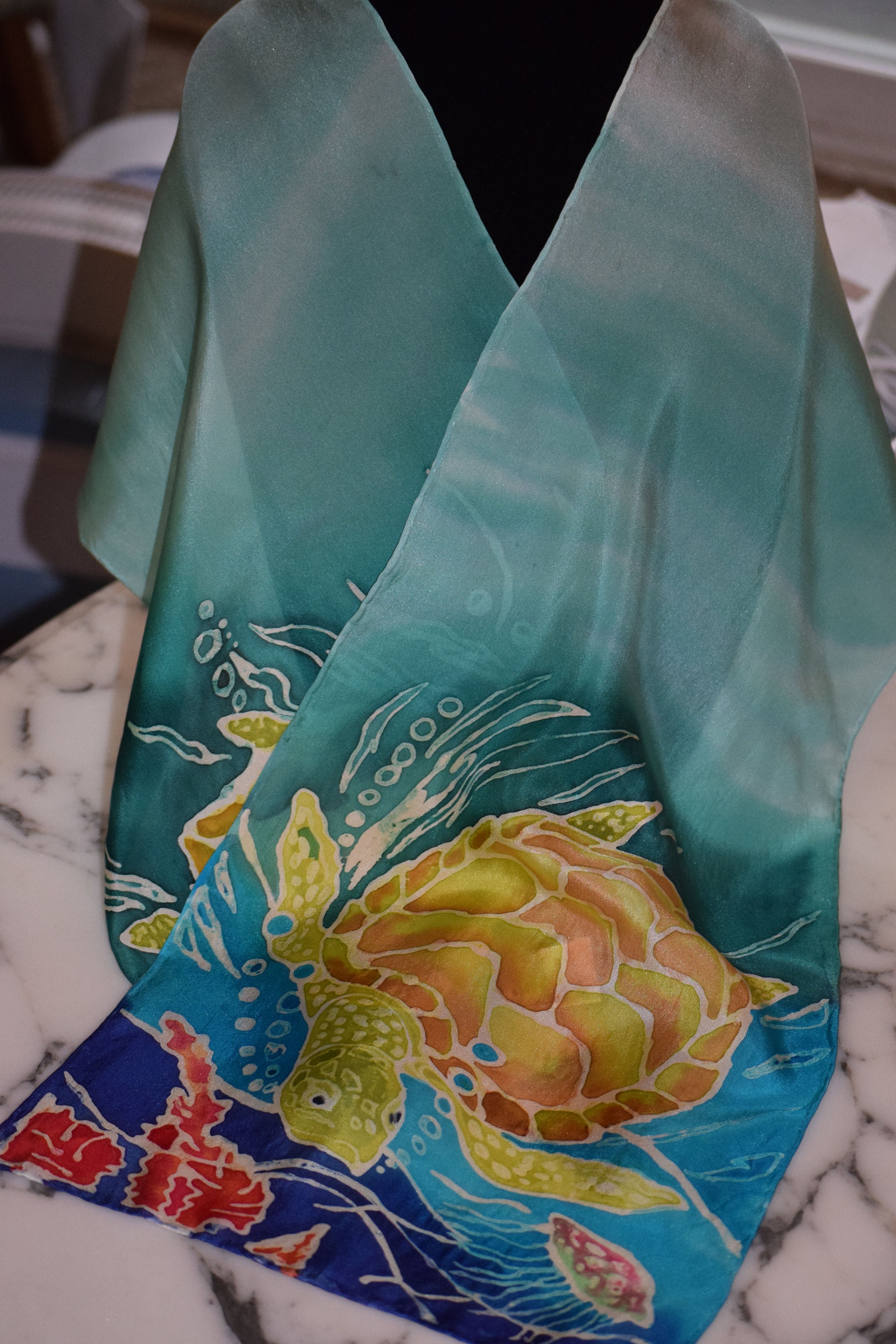 Hand Painted Sea Turtle on Habotai Silk / Silk Scarf / Jewel Tones - Etsy