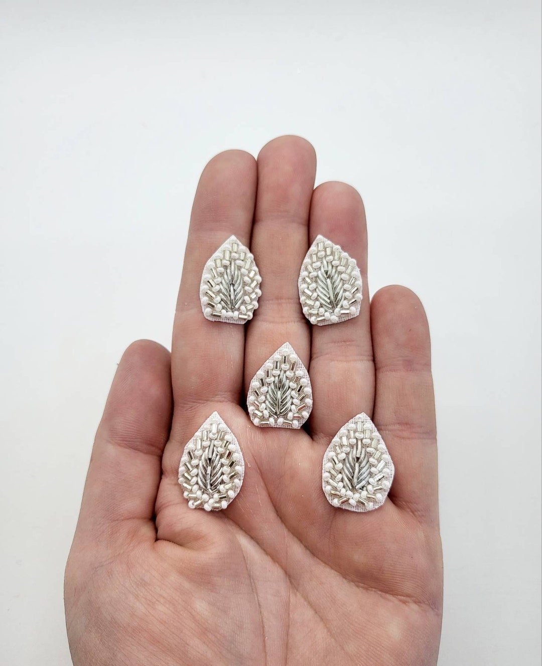 5 Mini Indian White and Silver Beaded Applique, Zari Zardosi Appliques ...