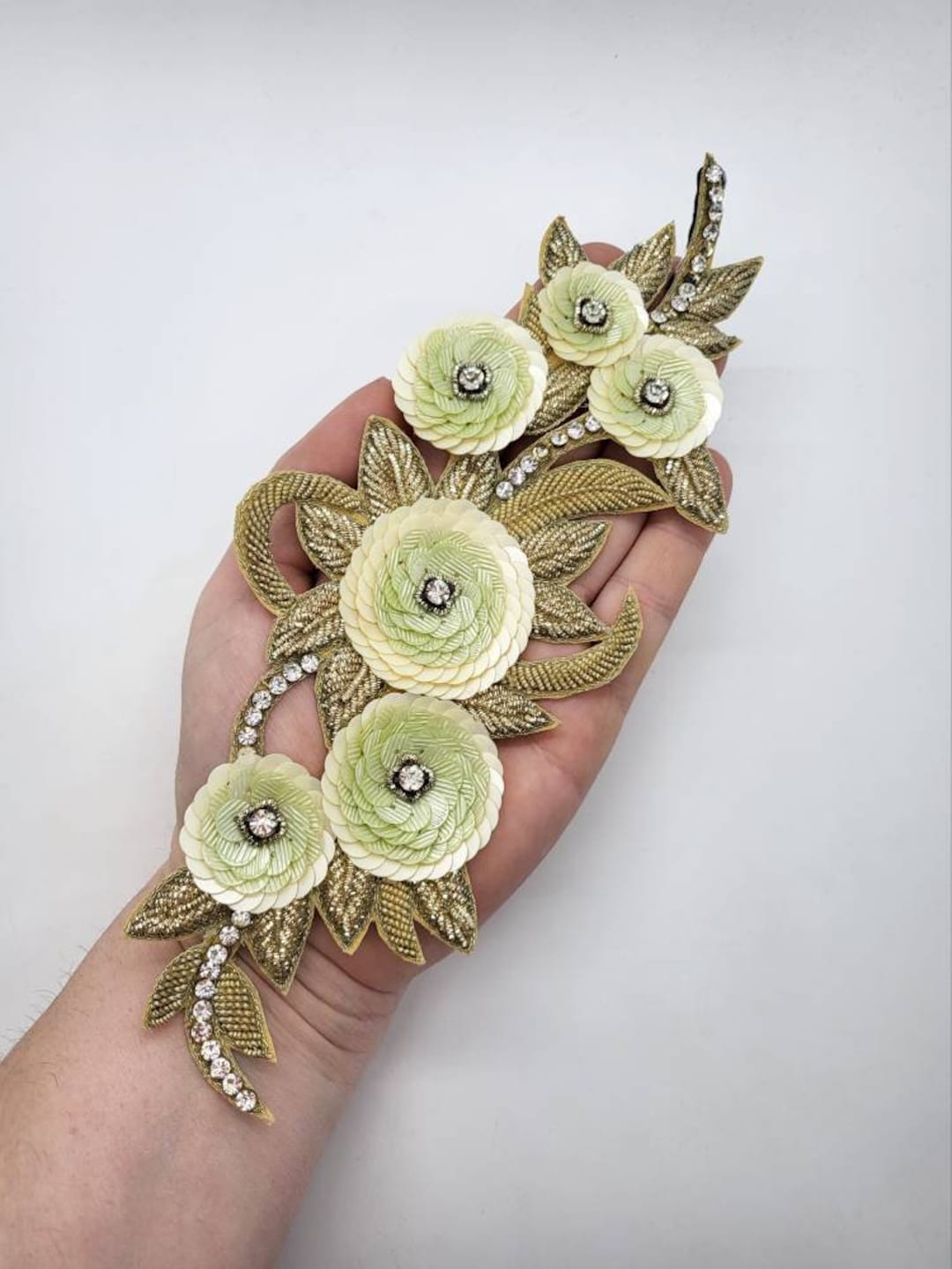 1 Large Floral Applique, Gold and Green Applique, Gold Zari Zardosi ...