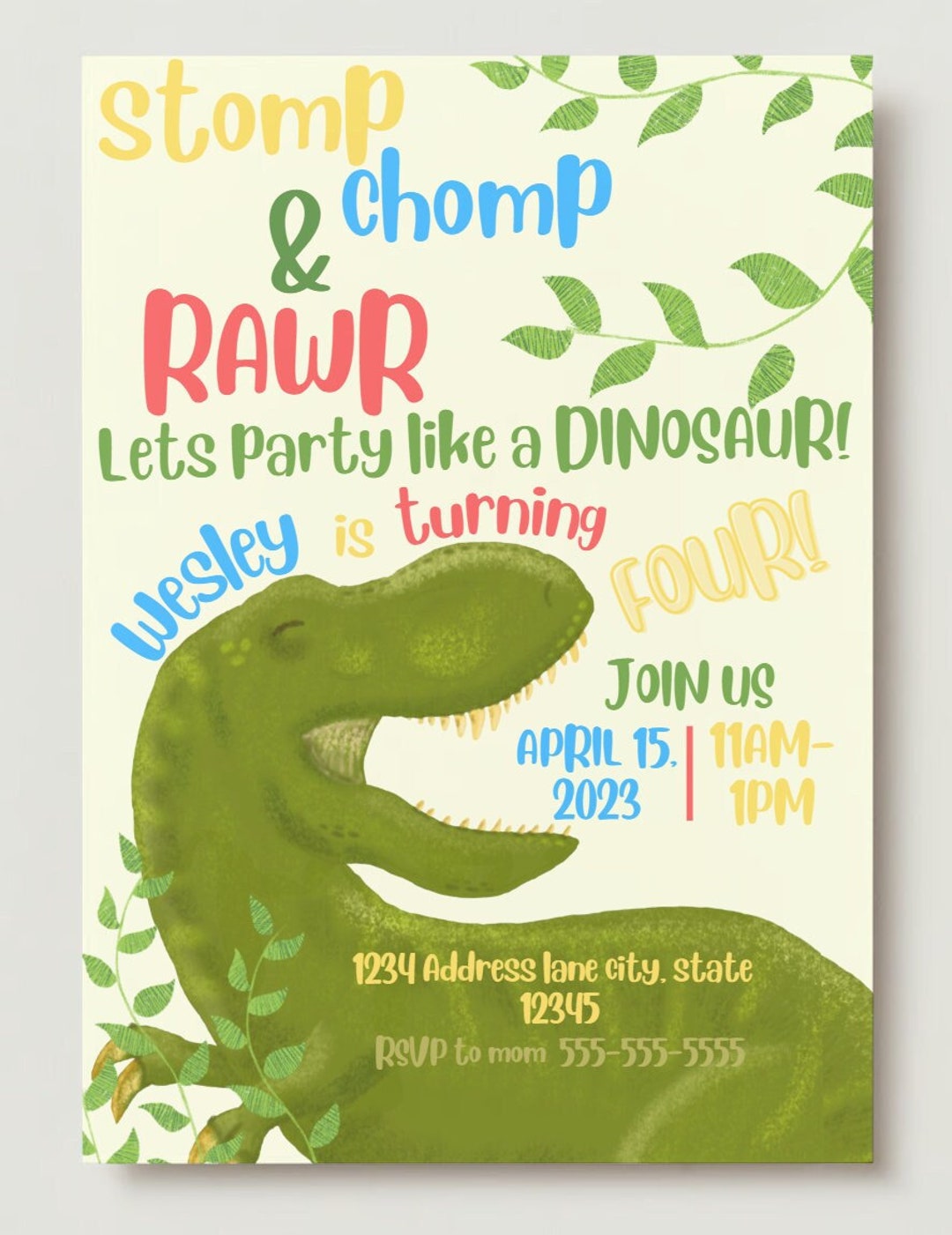 Stomp, Chomp, and Rawr Birthday Invitation- Personalized Downloadable ...