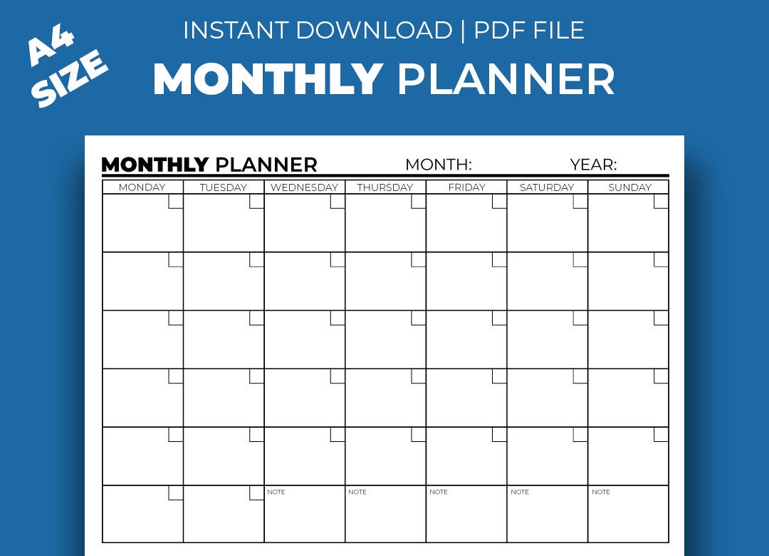 Undated Monthly Planner Printable, Monthly Calendar Printable, A4 Size ...