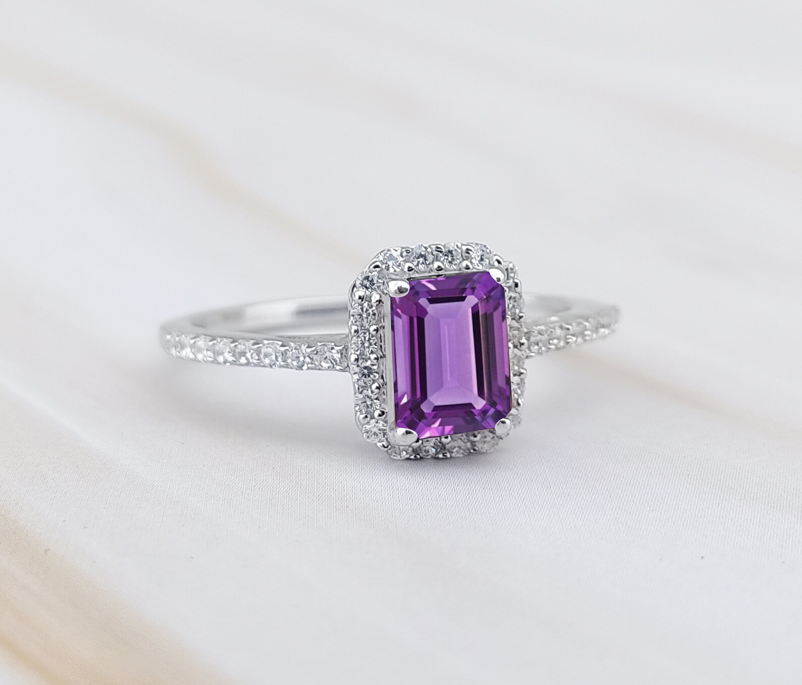 Emerald Cut Purple Amethyst Halo Engagement Ring, Fine Anniversary ...