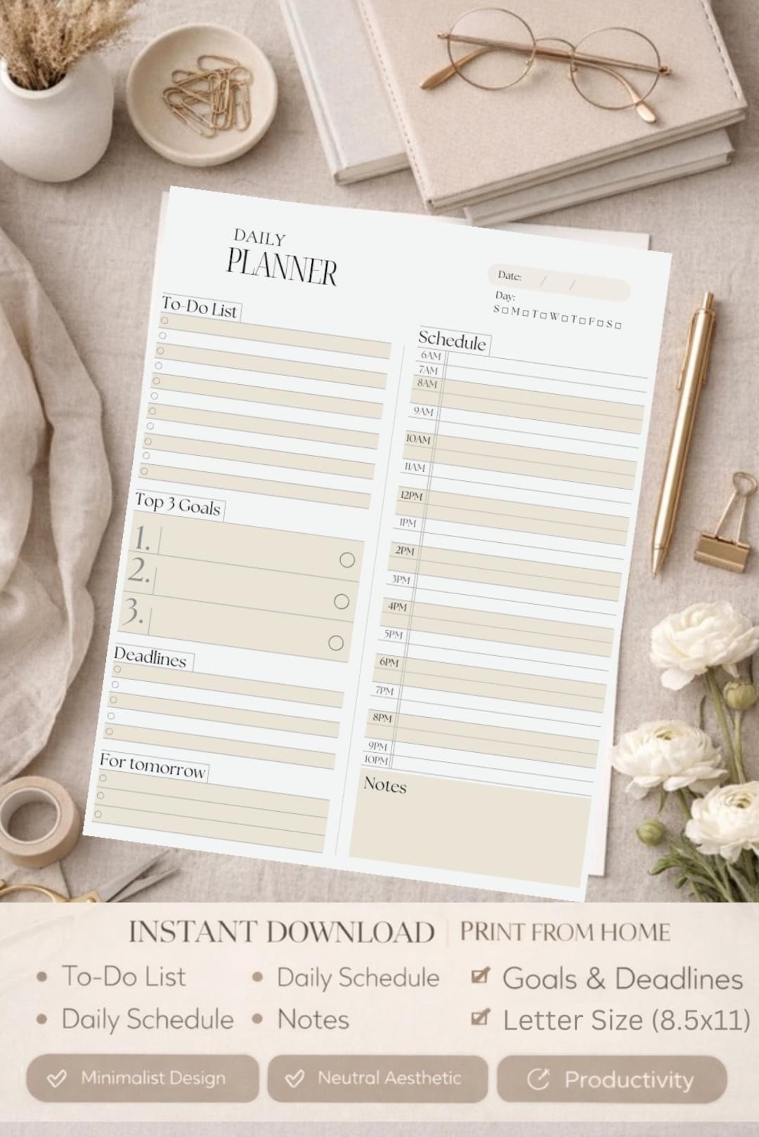Minimalist Daily Planner Printable | Neutral To-do List, Schedule ...