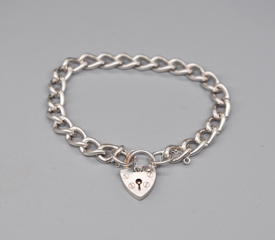 Vintage British (ASJ) Solid Silver Bracelet With Heart Padlock Closure ...