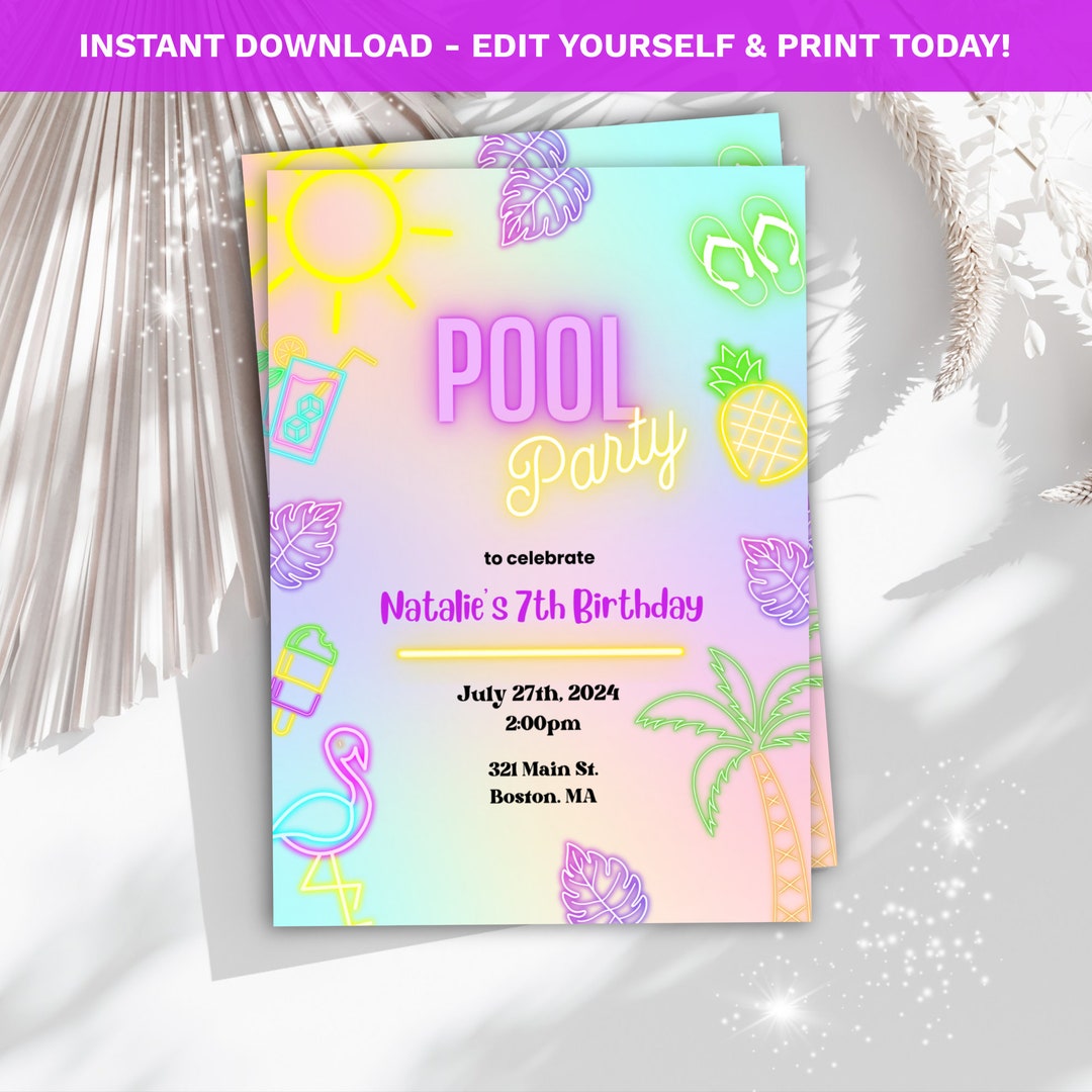 Neon Glow Pool Party Invitation, Editable Digital Canva - Etsy