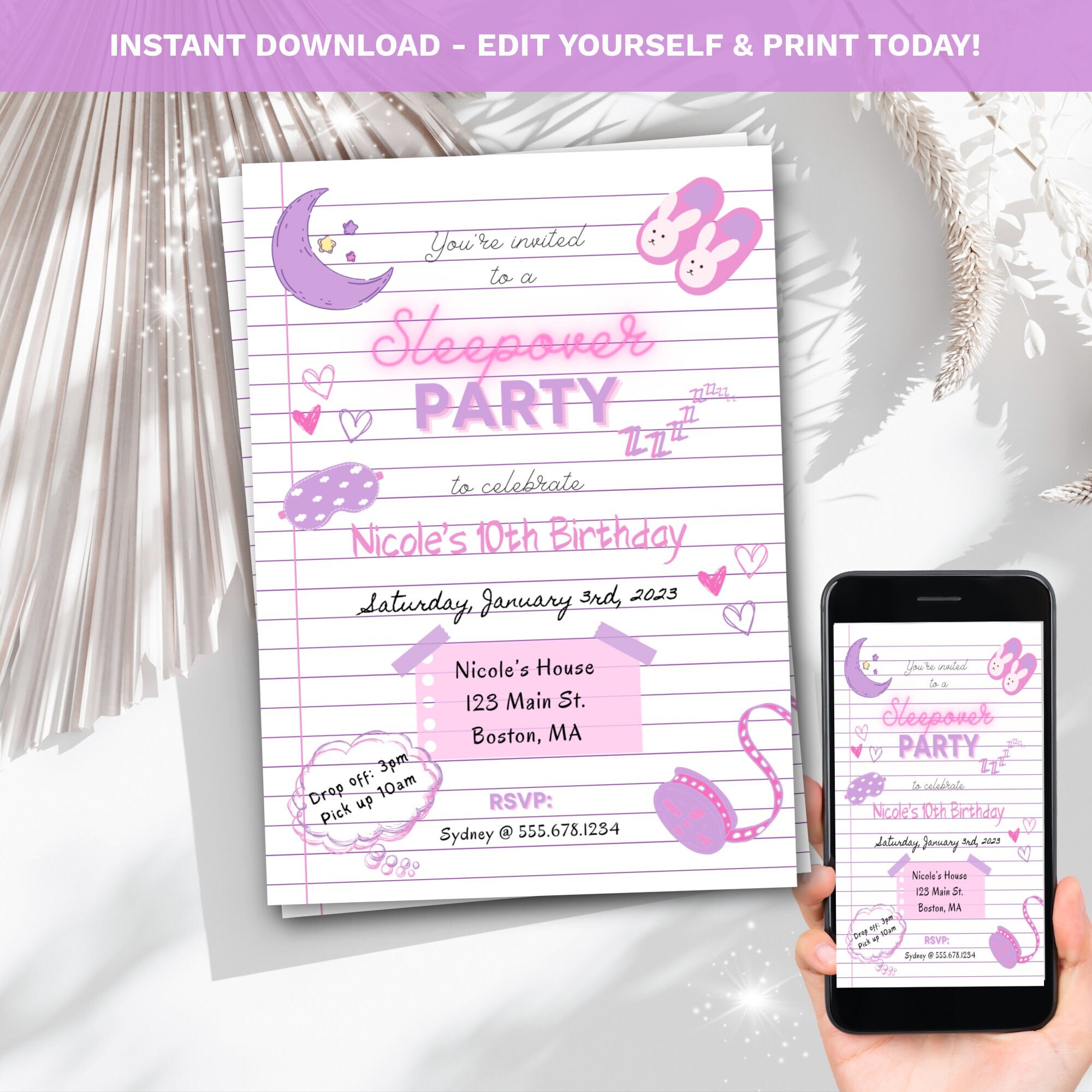Editable Sleepover Birthday Invitation, Pink Slumber Party (digital) - Etsy
