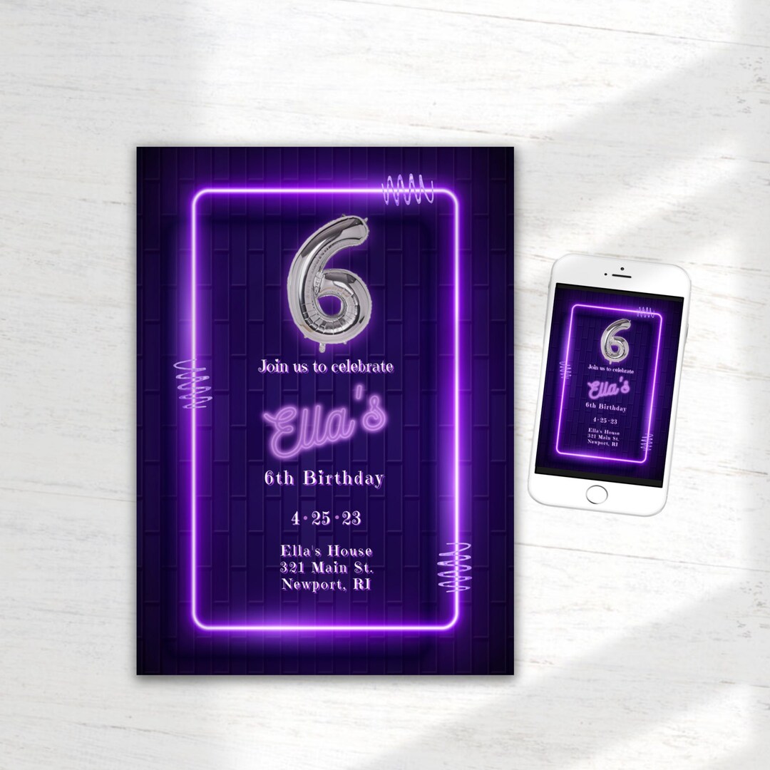 Neon Birthday Invitation, Girls Neon Birthday Template, Purple Neon ...